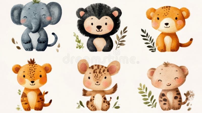 Set of Cute Baby Safari Animals Stock Illustration - Illustration of ...