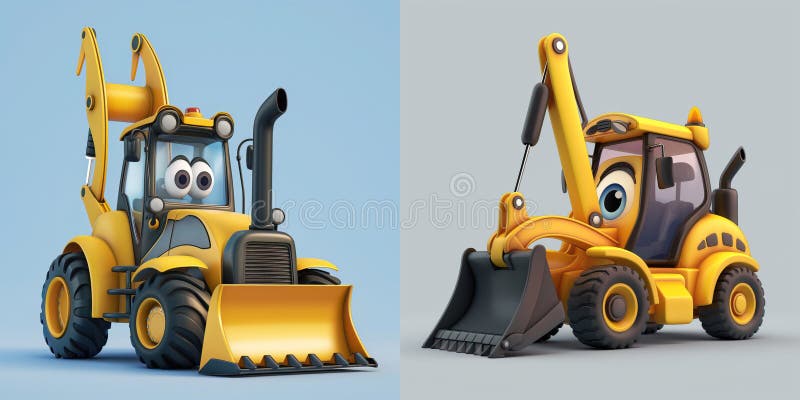 Set of Cute Backhoe. 3D Cartoon Animation Style Stock Illustration ...