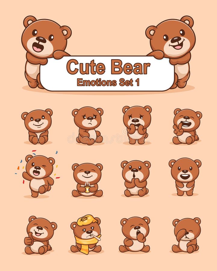 Set of Cute Bear Cartoon Character in Various Poses Stickers Vector ...