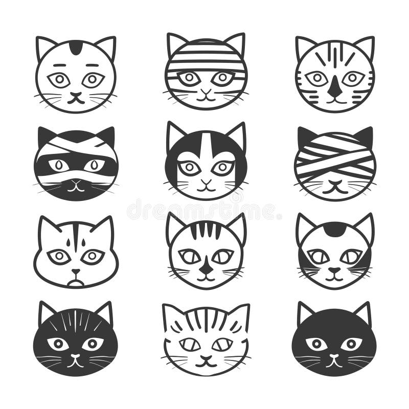 Twelve Adorable Cat Faces: Cute Pet Icons Set Stock Vector ...