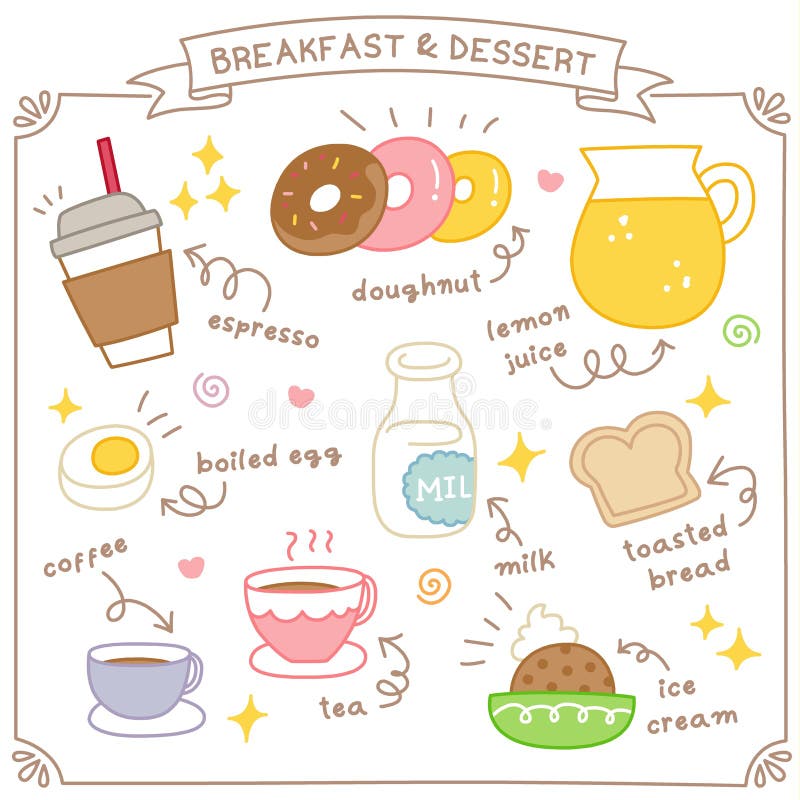 Set of Cute Meal and Dish Doodle. Lunch and Dinner Doodle. Stock Vector ...