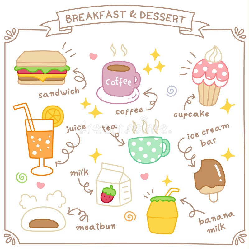 Set of Cute Meal and Dish Doodle. Lunch and Dinner Doodle. Stock Vector ...