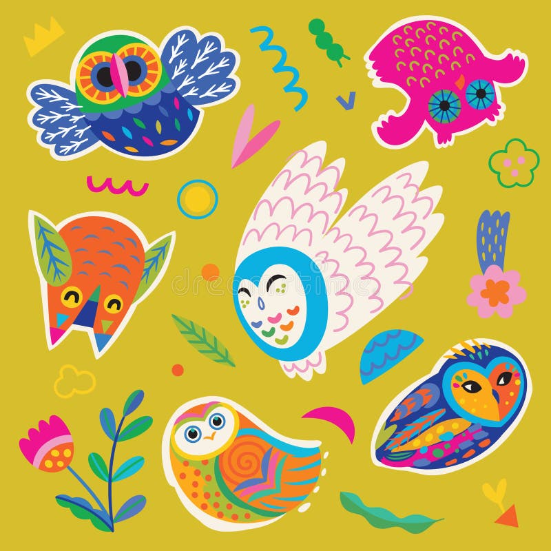 Set of Cute Bright Owls and Small Nature Elements. Vector Illustration ...
