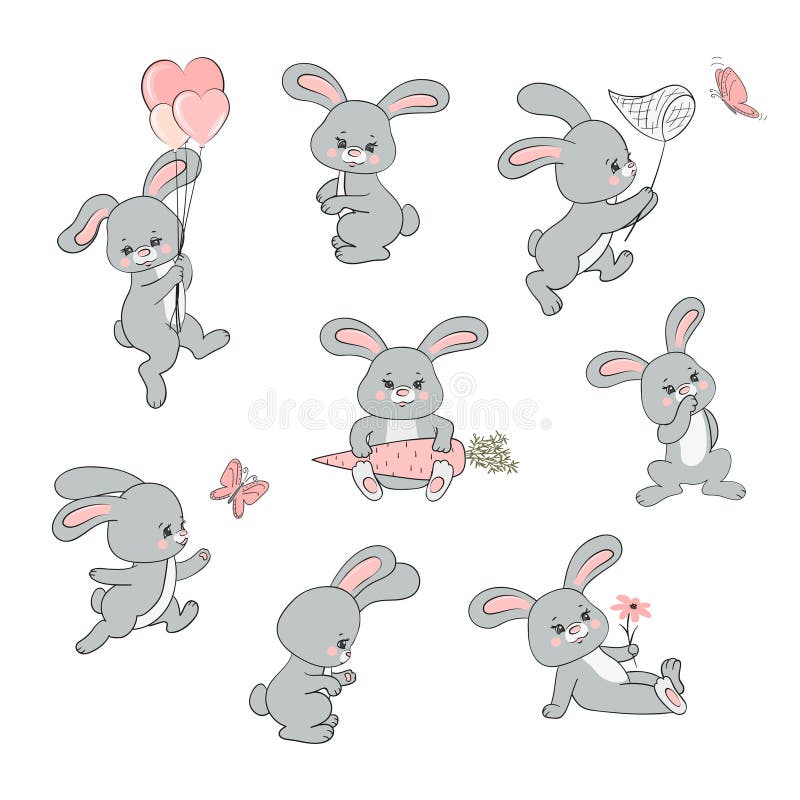 Set of Cute Cartoon Baby Rabbits. Vector Bunny Illustration Stock ...