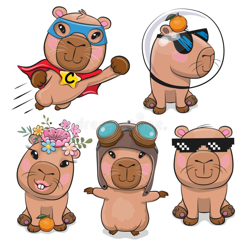 Set of Cute Cartoon Capybara Stock Illustration - Illustration of ...