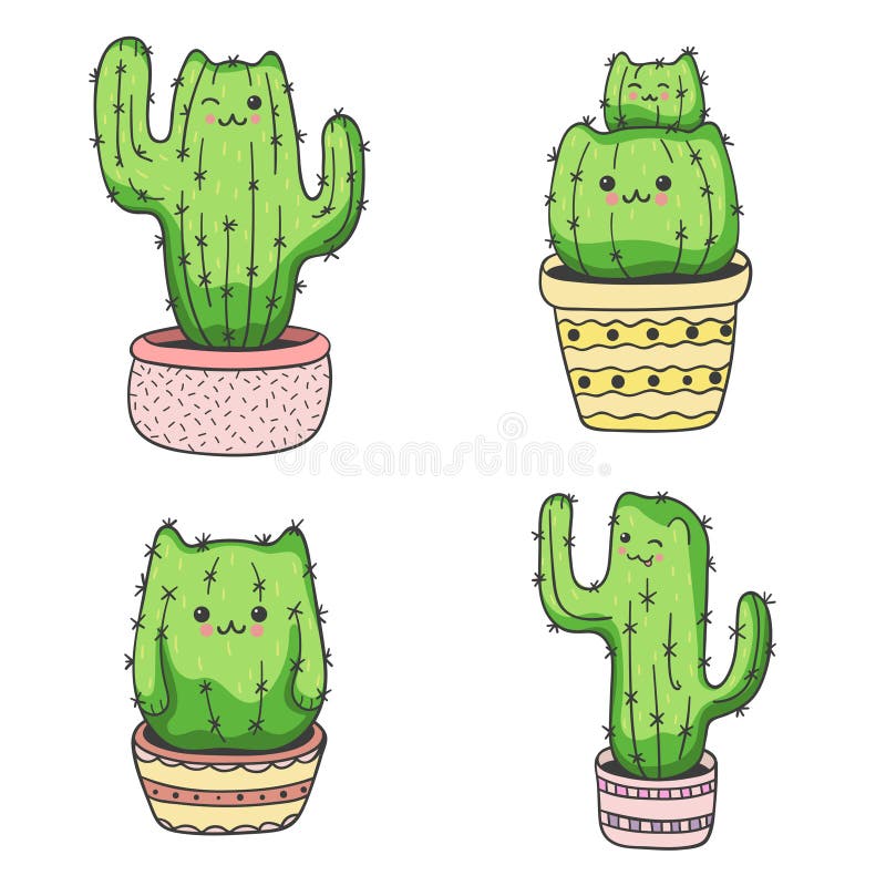 Set of Cute Cartoon Cat Cactus. Stock Vector - Illustration of happy ...