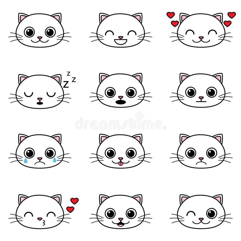 Set of Cute Cartoon Cat Emoticons Stock Vector - Illustration of kawaii ...
