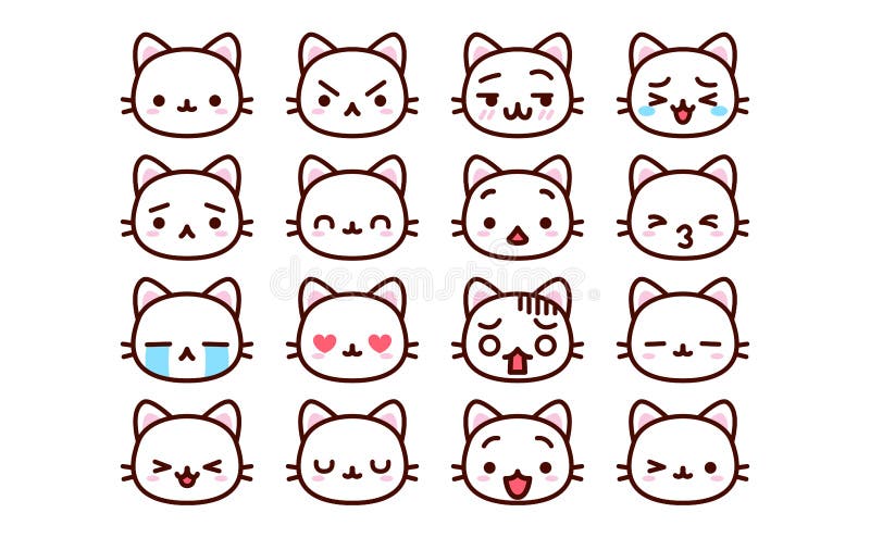Set of Cute Cartoon Cat Icons Isolated Stock Vector - Illustration of ...