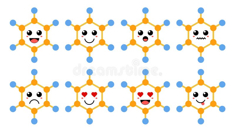 Set of Cute Cartoon Colorful Structure Molecule with Different Emotions ...