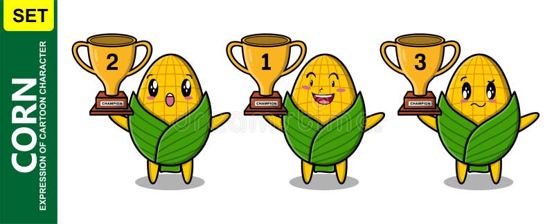 Set of Cute Cartoon Corn Holding Trophy Stock Vector - Illustration of ...