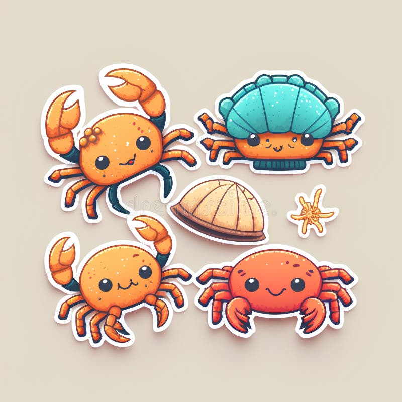 Set of Cute Cartoon Crabs with Shell and Starfish. Vector Illustration ...