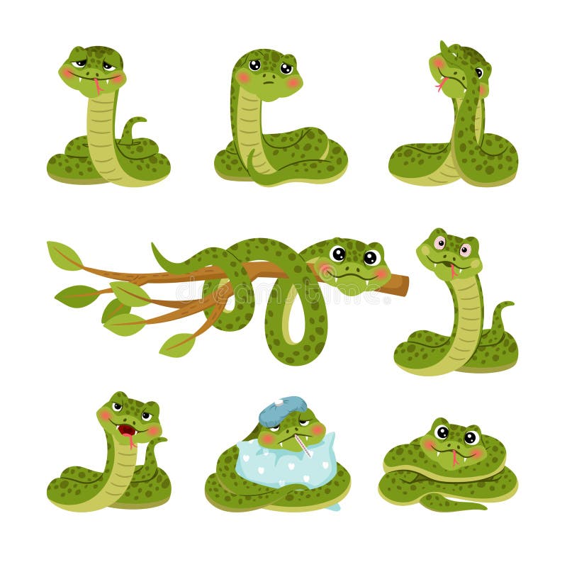 Set of Cute Cartoon Embarrassed Snakes Characters in Different Poses ...
