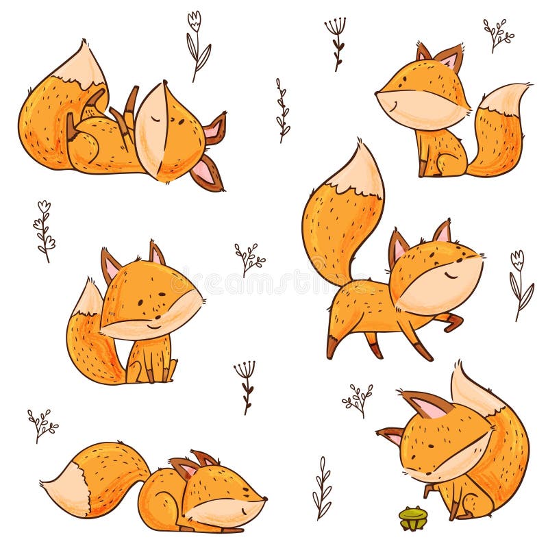 Set of cute cartoon fox. stock vector. Illustration of poster - 349428617