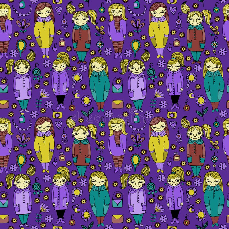 Set of Cute Cartoon Girls. Colorful Vector Seamless Pattern. Stock ...