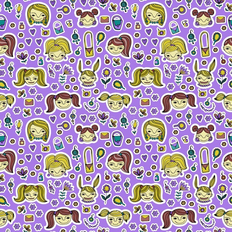 Set of Cute Cartoon Girls. Colorful Vector Seamless Pattern. Stock ...