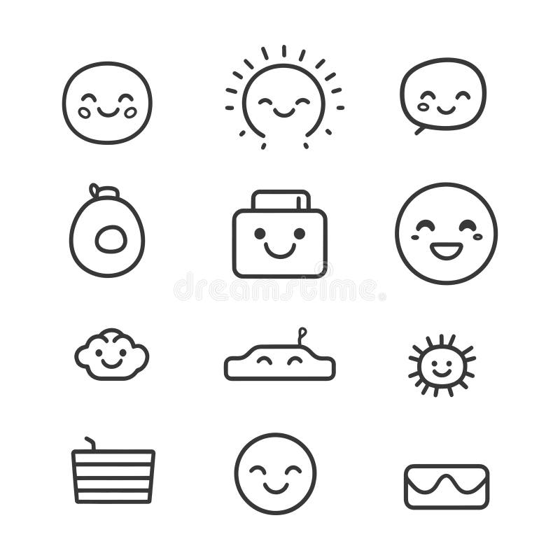 Collection of Cute Happy Emojis and Objects Line Icons Stock Vector ...