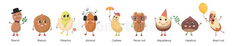 Set of Cute Cartoon Nuts on White Background Stock Illustration ...