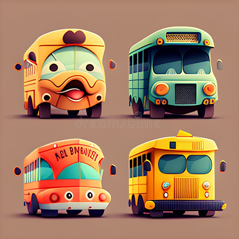 Set of Cute Cartoon School Bus. Vector Illustration in Retro Style ...