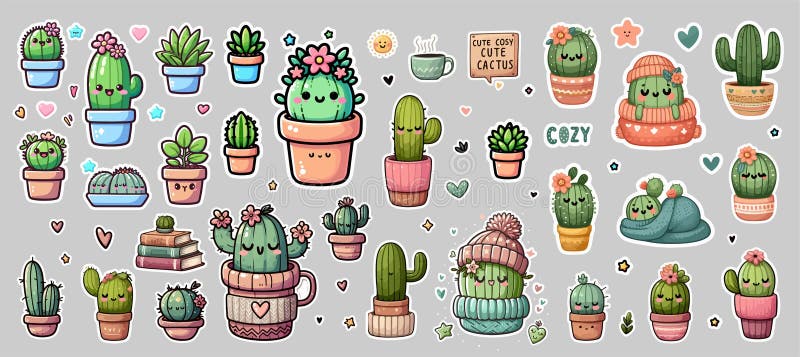 Set of Cute Cartoon Stickers of Cactus with Funny Faces. Stock ...