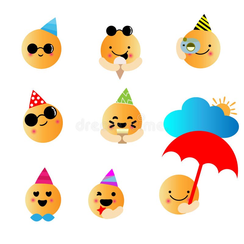 Set of Cute Cartoon Summer Sun with Decorations Stock Illustration ...