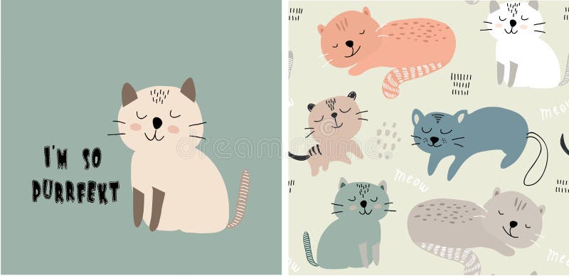 Set of Cute Cat Print and Seamless Pattern with Cats. Vector Stock ...