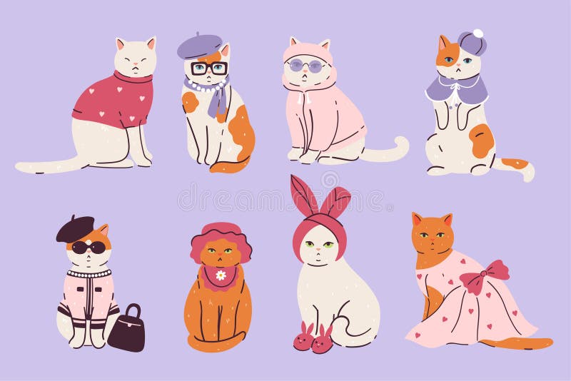 Set of Cute Cats in Fashionable Outfits. Vector Graphics Stock Vector ...