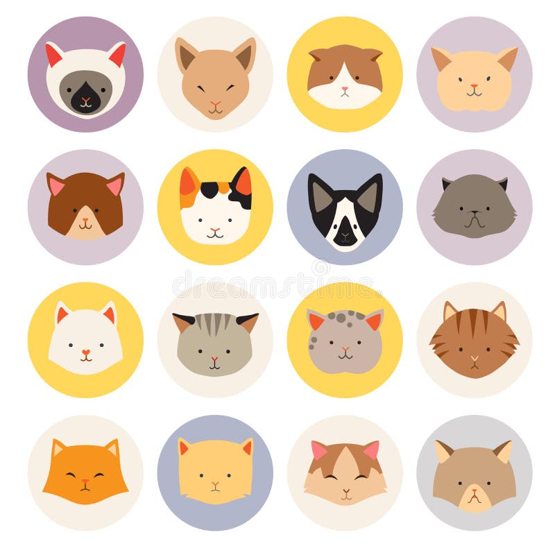 Set of Cute Cats Flat Icons, Vector Flat Illustrations Stock Vector ...