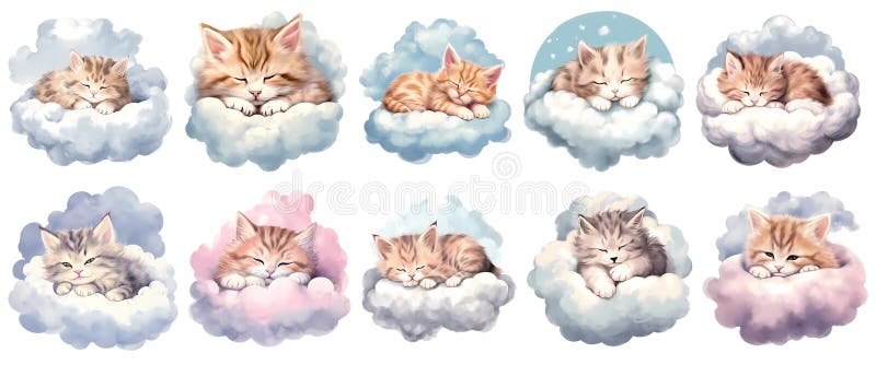 Set of Cute Cats, Kitten Sleeping on Cloud, Transparent Background, Png ...