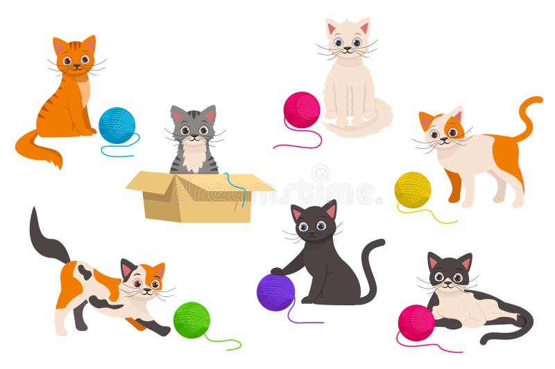 Set of Cute Cats Playing with Colorful Balls of Thread. Stock Vector ...