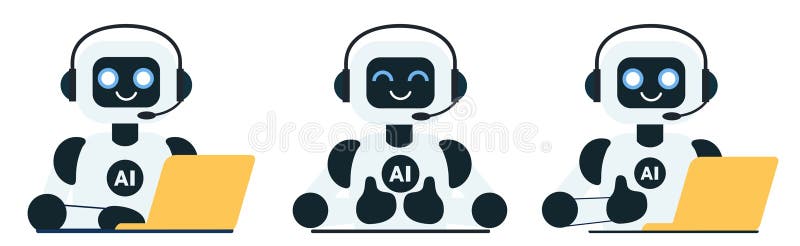Set of Cute Chat Bot Robot with Yellow Laptop Illustrations Stock ...