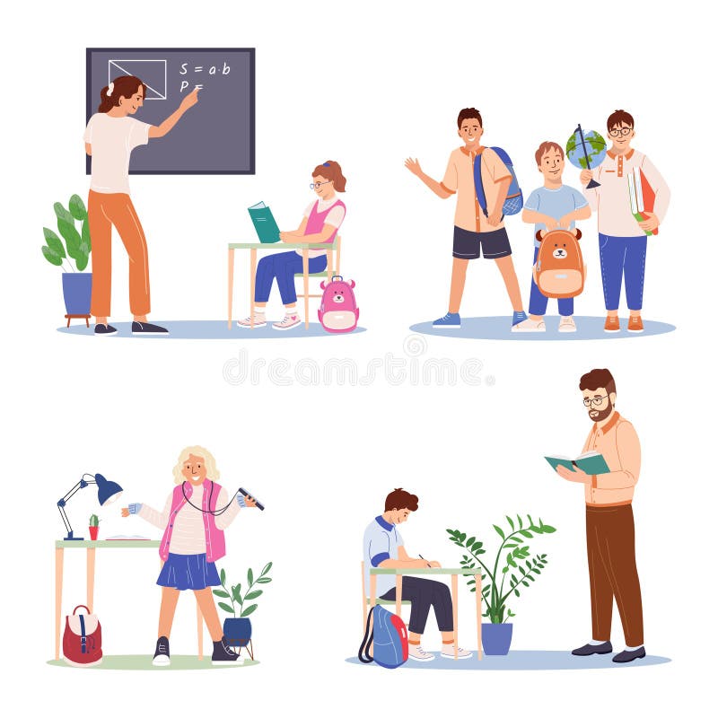 Set of Cute Children with Backpack Going Back To School. Collection of ...