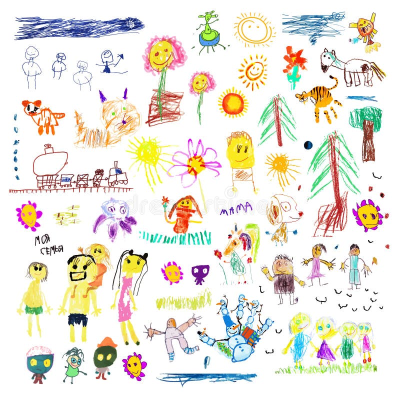 Set of Cute Children S Drawings. Vector Illustration Stock Illustration ...