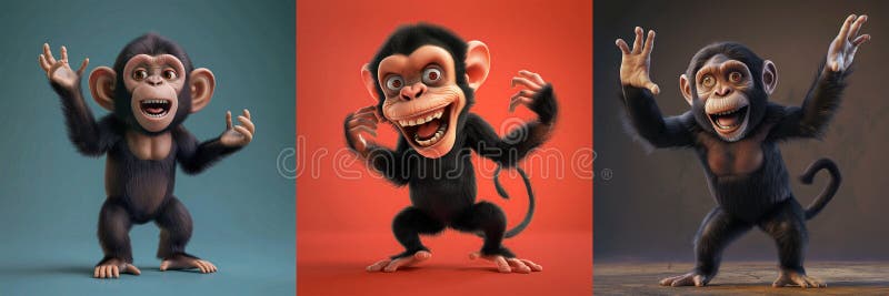 Set of Cute Chimpanzee in Action. 3D Cartoon Animation Style Stock ...