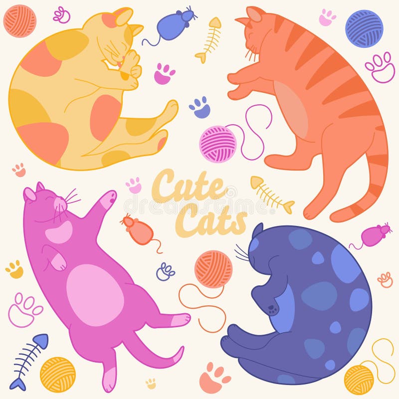 Set of Cute Colorful Cats with Decorative Elements Stock Vector ...