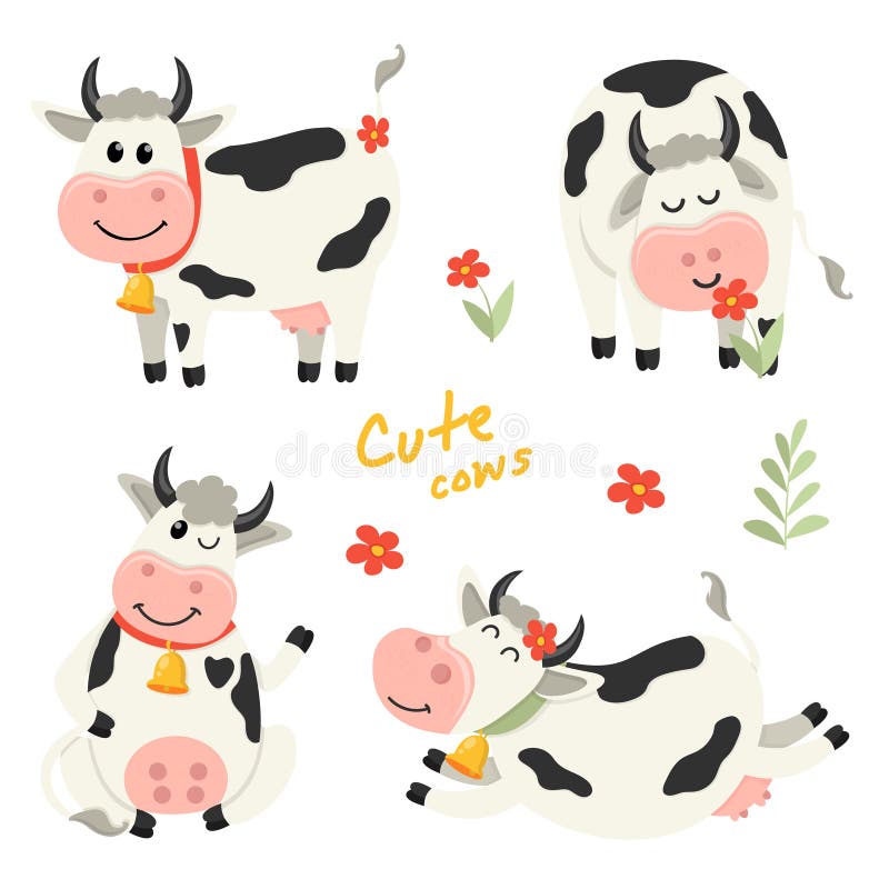 Set of Cute Cows Character in Various Positions Stock Vector ...