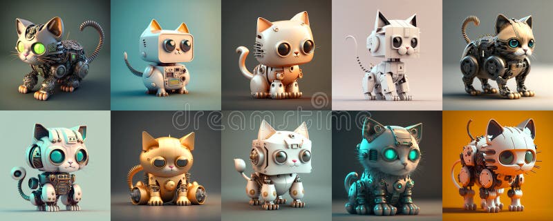 Set of Cute Cyber Cat Robots, 3D Rendering, Created with Generative AI ...
