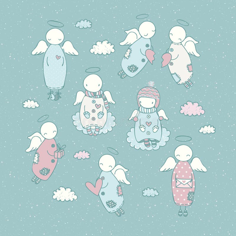 Set of Cute Doodle Angels in the Sky with Clouds and Snow Stock Vector ...