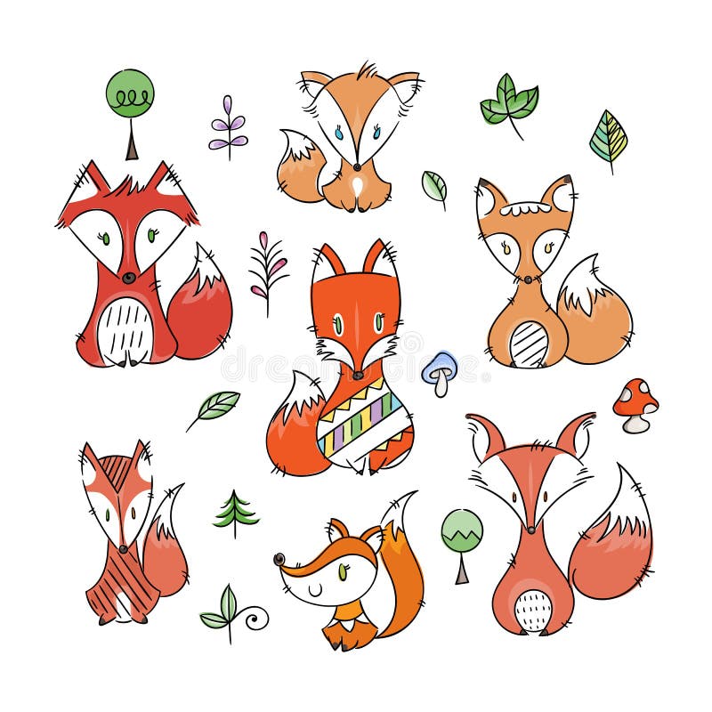 Set of Cute Doodle Foxes in Simple Flat Style Stock Vector ...