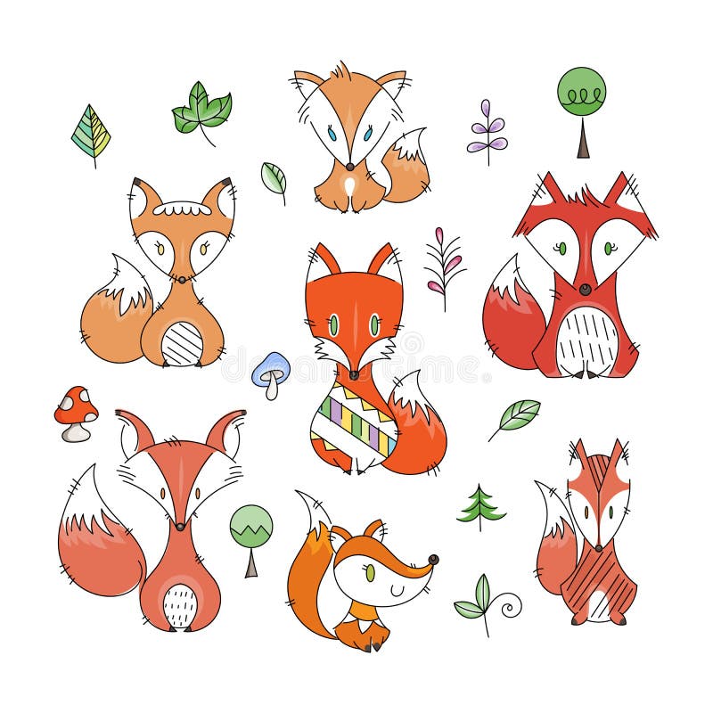 Set of Cute Doodle Foxes in Simple Flat Style Stock Vector ...