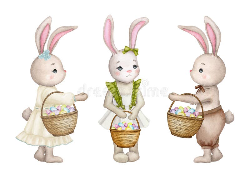 Set of Cute Easter Bunnies with a Basket of Painted Eggs. Easter ...