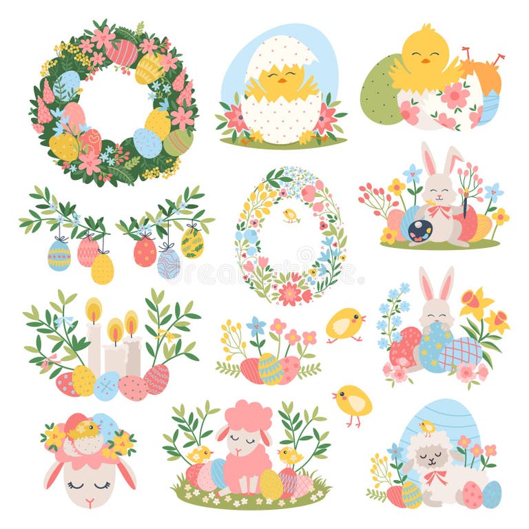 Set of Cute Easter Cartoon Characters and Elements Stock Vector - Illustration of rabbit ...