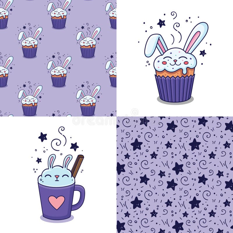 Set of Cute Easter Patterns, Illustrations with Easter Cake, Hare, Milk ...