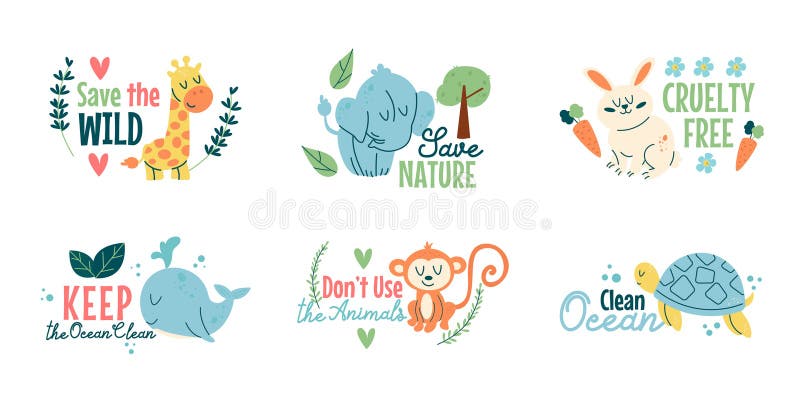 Set of Cute Eco Animal Characters with Eco Lettering Stock Vector ...