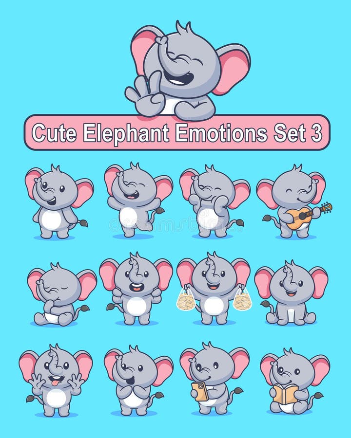 Set of Cute Elephant Cartoon Character in Various Poses Stickers Vector ...
