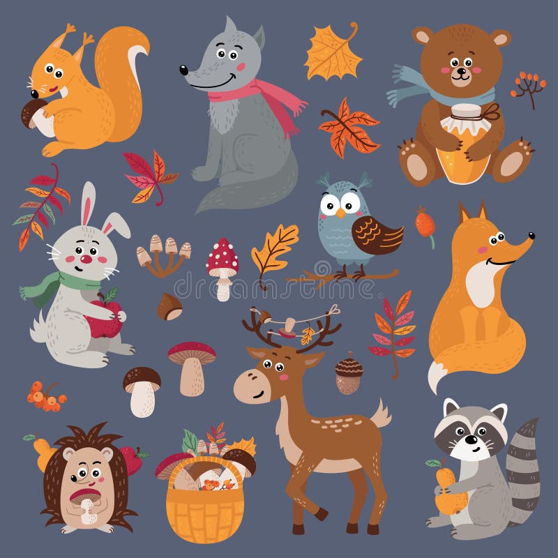 Set of Cute Forest Animals in Cartoon Style Stock Vector - Illustration ...