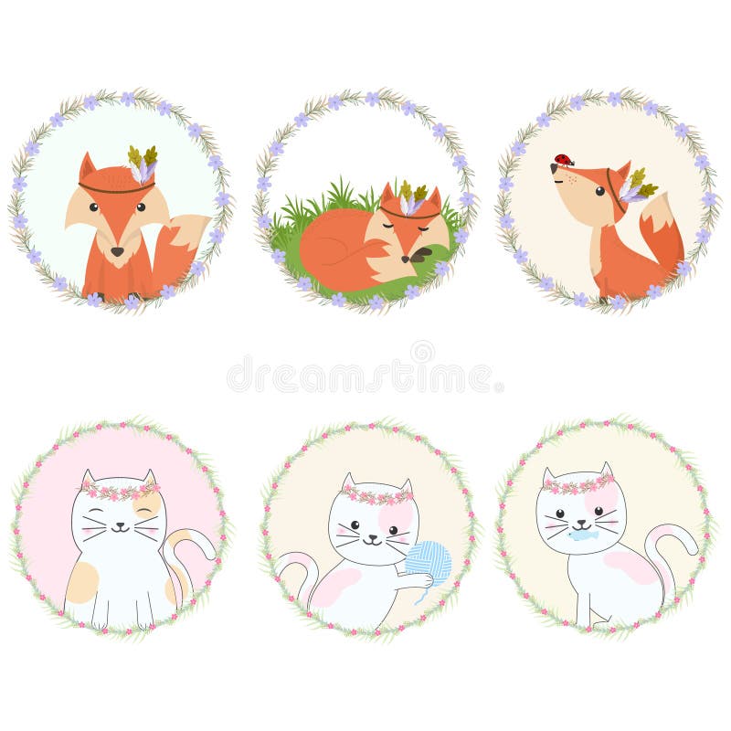 Set of Cute Fox and Cat Cartoon Character and Floral Frame Illus Stock ...
