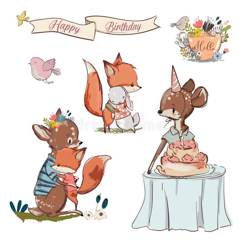 Set with cute fox and fawn stock vector. Illustration of fawn - 111416330