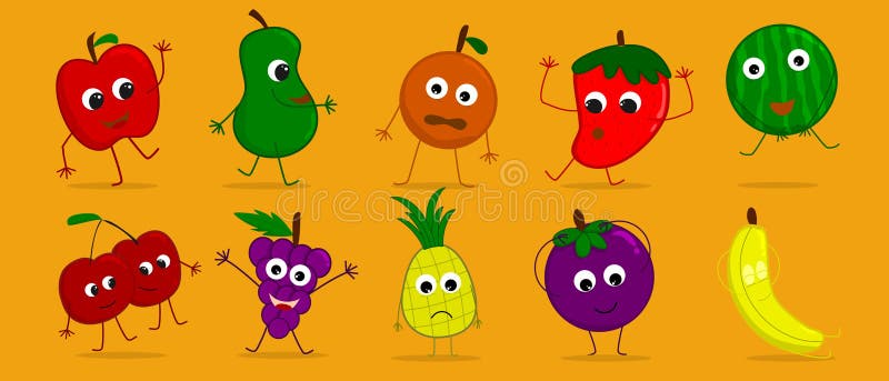 Set of Cute Fruits Character with Different Poses and Emotions Stock ...