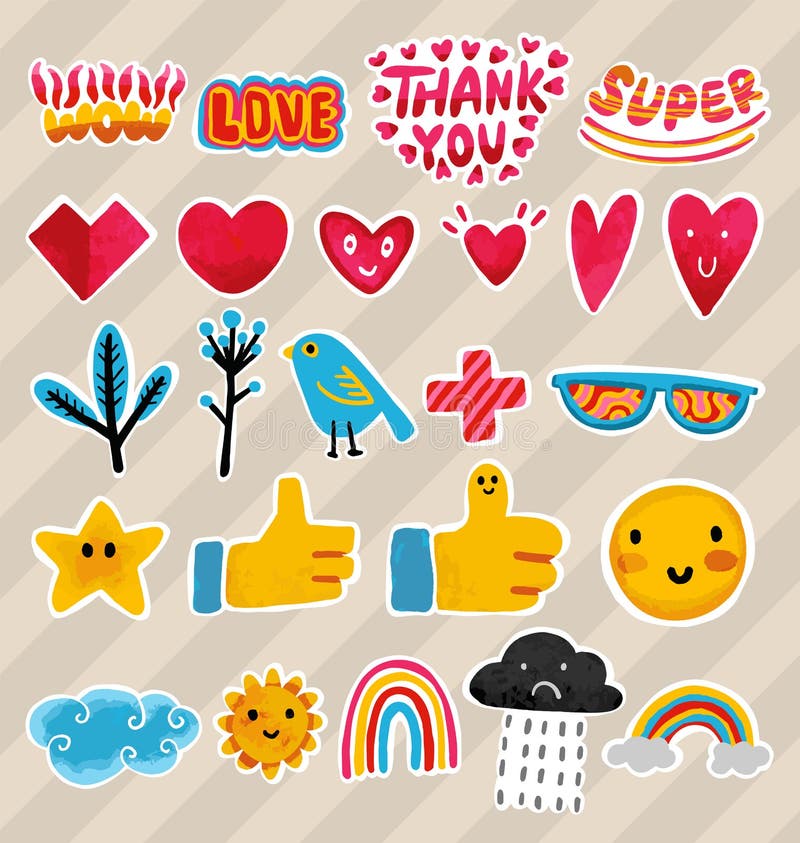 Set of Cute and Fun Icon Stickers. Stock Vector - Illustration of ...