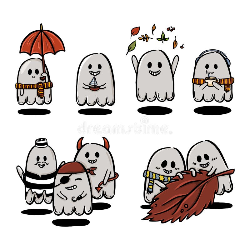 A Set of Cute Ghosts in Color Stock Vector - Illustration of face ...